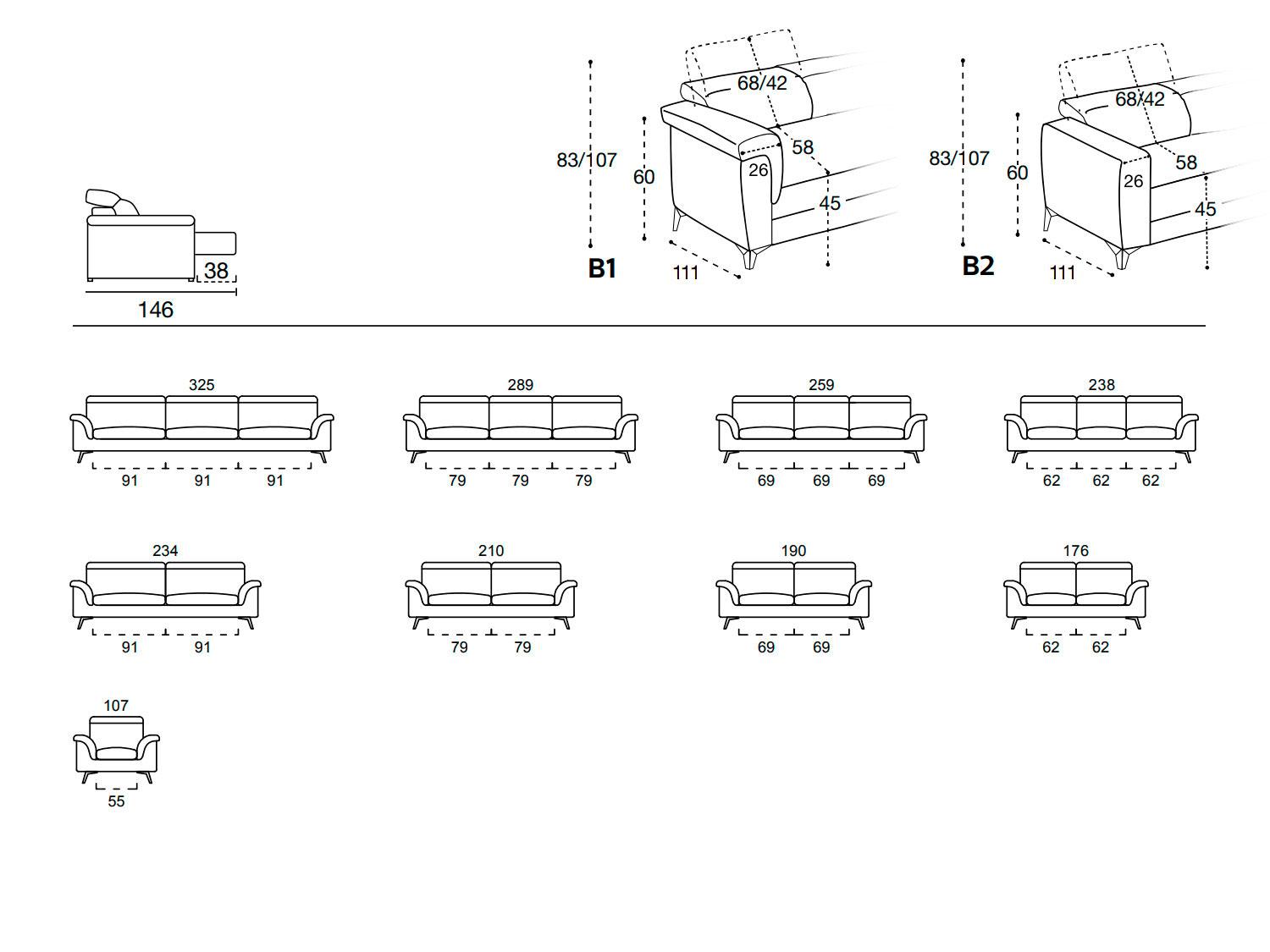 Divano con piedini alti e sedute scorrevoli Newport | DIOTTI.COM
